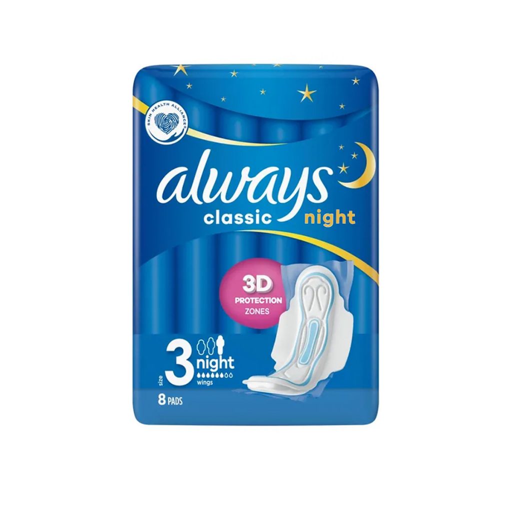 Always Classic Night (Size 3) Sanitary Pads With Wings – 8 Pads ...